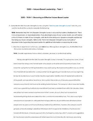 Via Task 1 - Assignment 1 - D253 – Values-Based Leadership - Task 1 Template and Tips (RSM3 ...