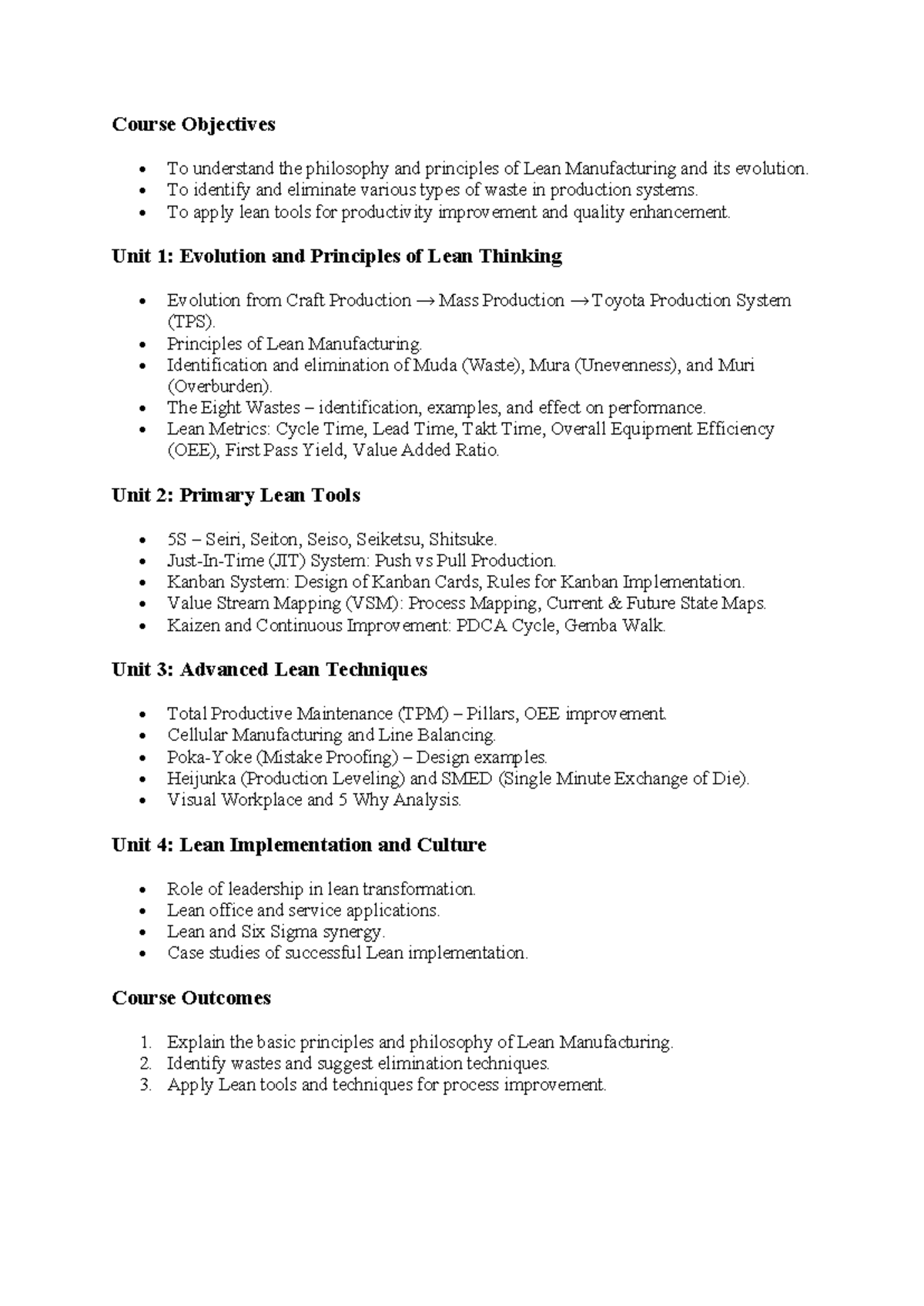 Lean Manufacturing Principles and Tools - Course Objectives (Lean Manf ...