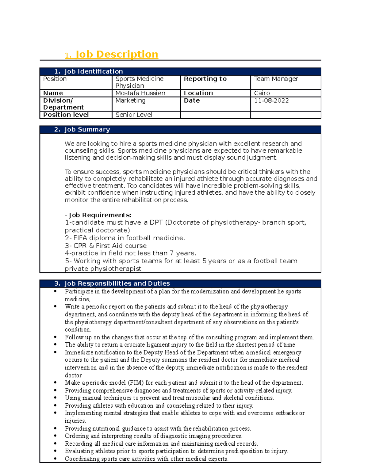 Job Description Doctor Sports Physician - 1. Job Description 1. Job ...