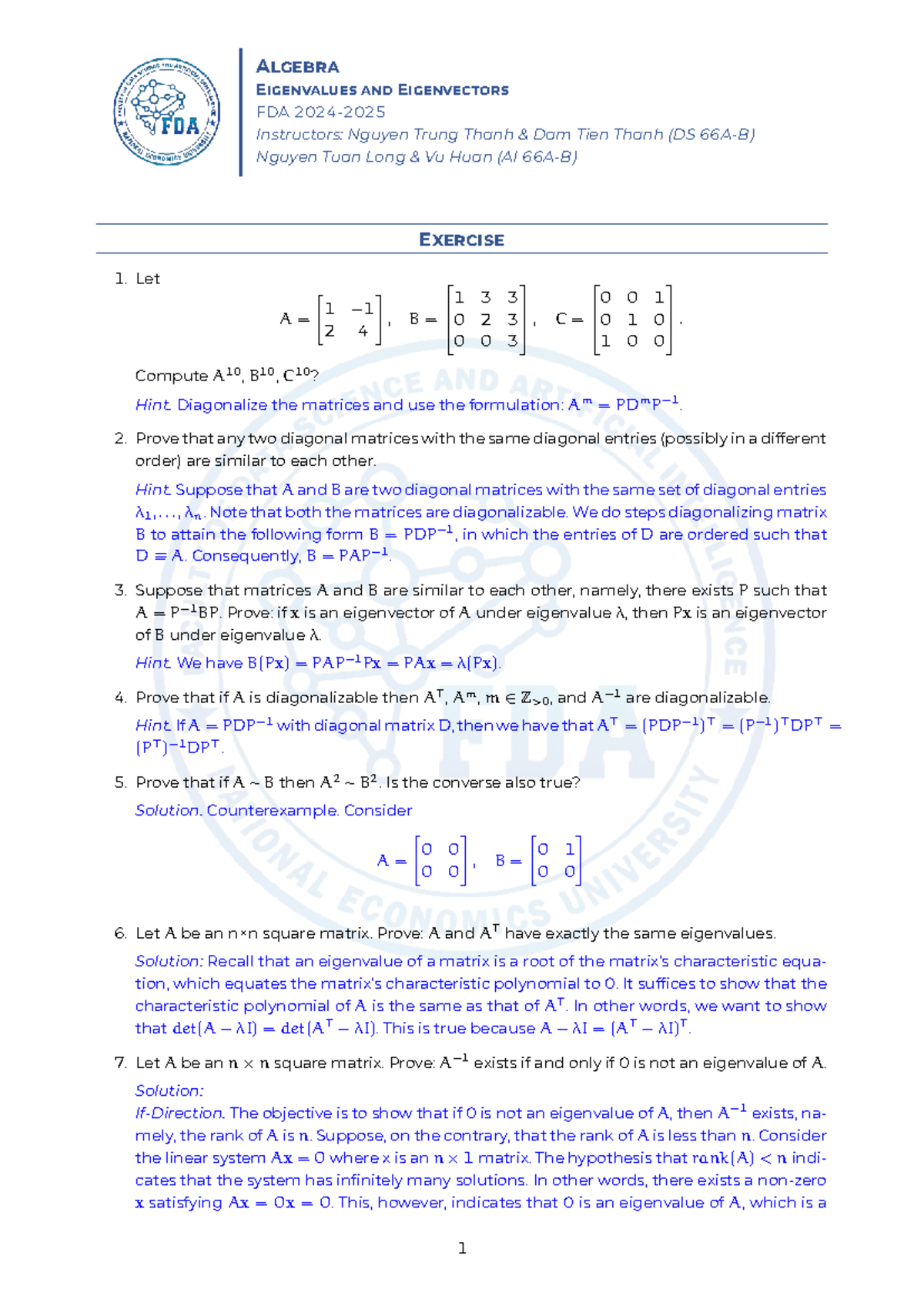 Algebra Eigenvalues and Eigenvectors Solutions (FDA) - Studocu