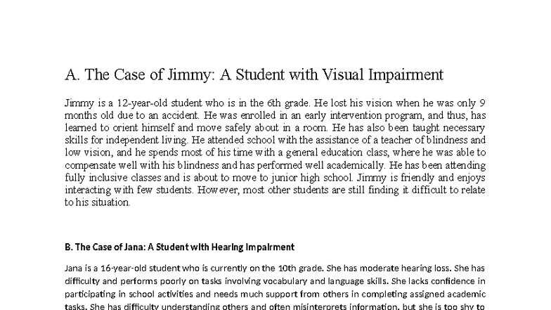 Case study - A. The Case of Jimmy: A Student with Visual Impairment ...