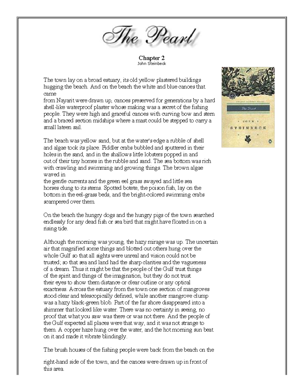 John Steinbeck ~ The Pearl: Chapter 2 Analysis and Summary - Studocu