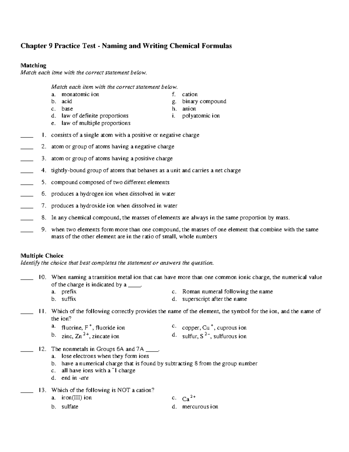 Chapter 9 Chemistry Practice Test: Naming & Writing Formulas - Studocu