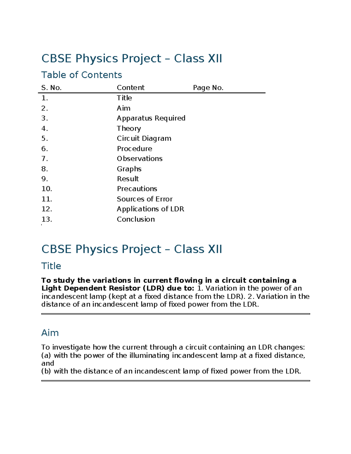 CBSE Physics Project Class XII: LDR Characteristics and Current ...