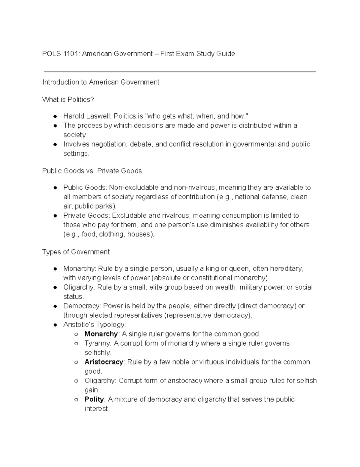 POLS 1101: American Government – First Exam Study Guide - Studocu