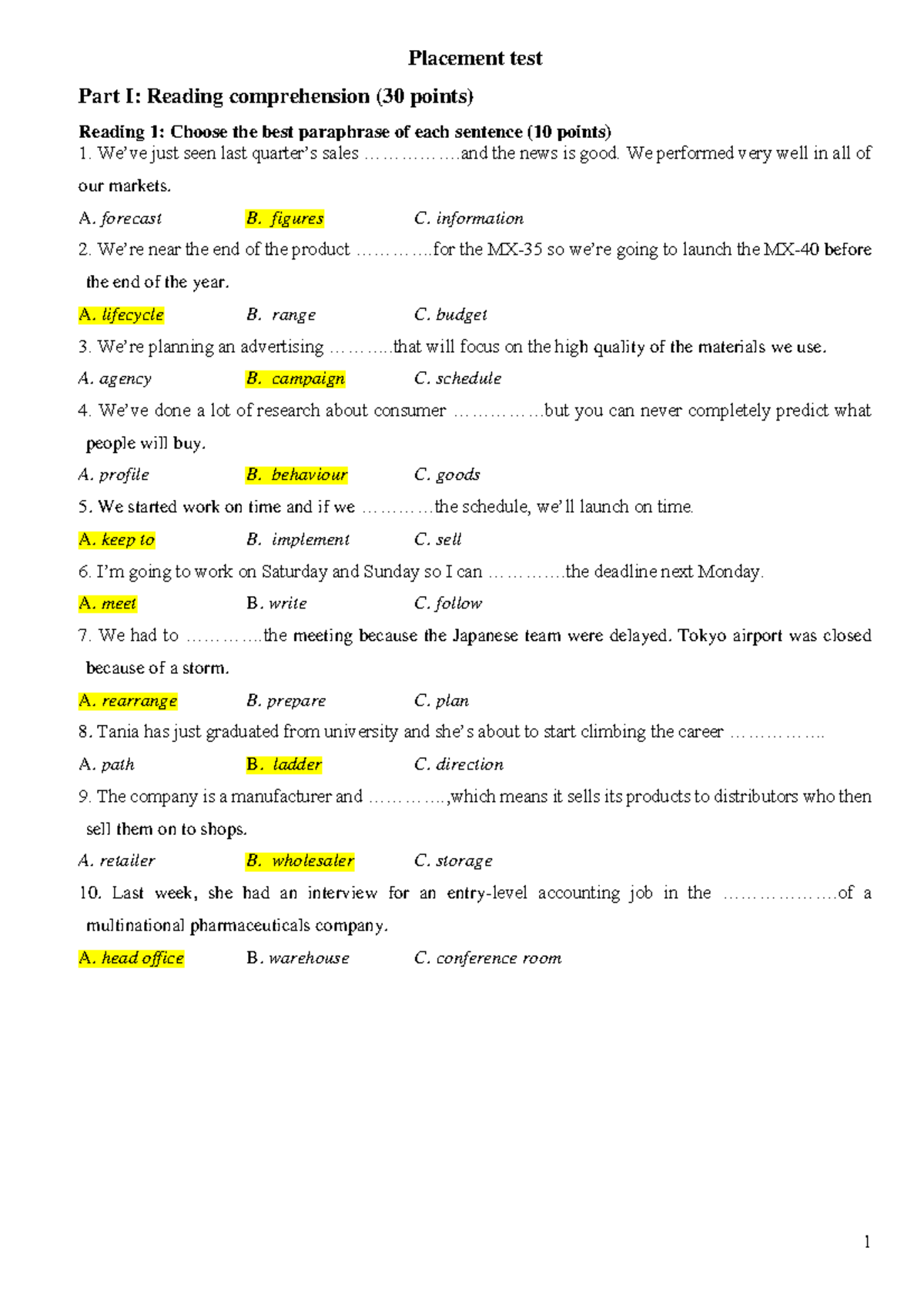 ~~$Placement-test - good - Placement test Part I: Reading comprehension ...