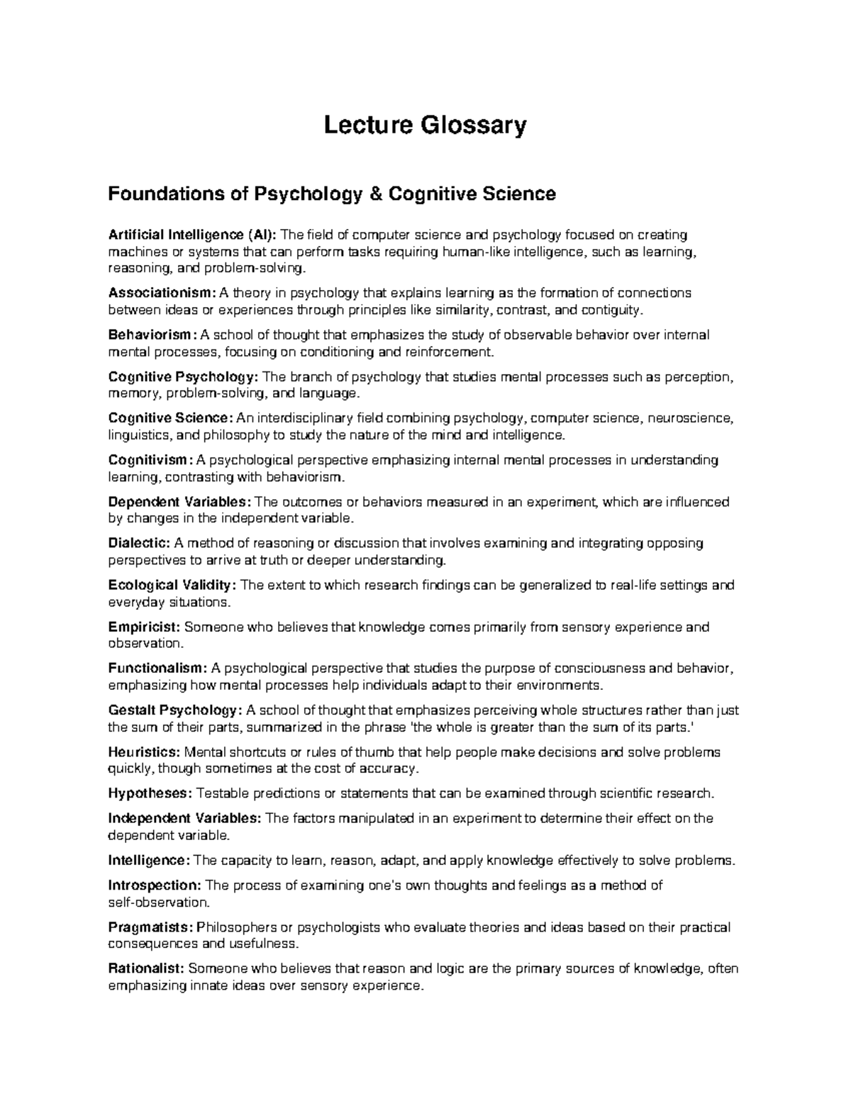 Lecture Glossary: Cognitive Psychology Terms (PSY 101) - Studocu