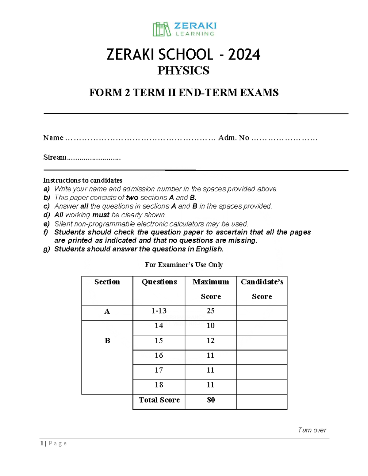 ZERAKI SCHOOL 2024 PHYSICS FORM 2 TERM II EXAM MARKING SCHEME - Studocu