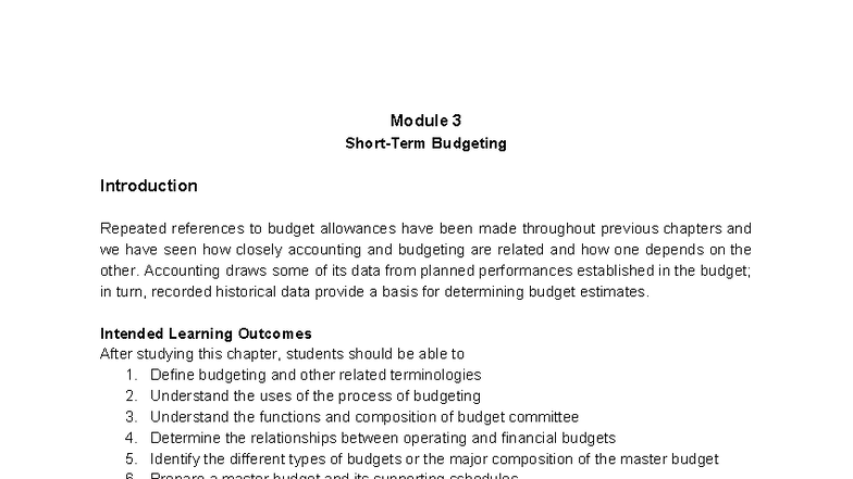 Module 3: Introduction to Short-Term Budgeting Concepts - Studocu
