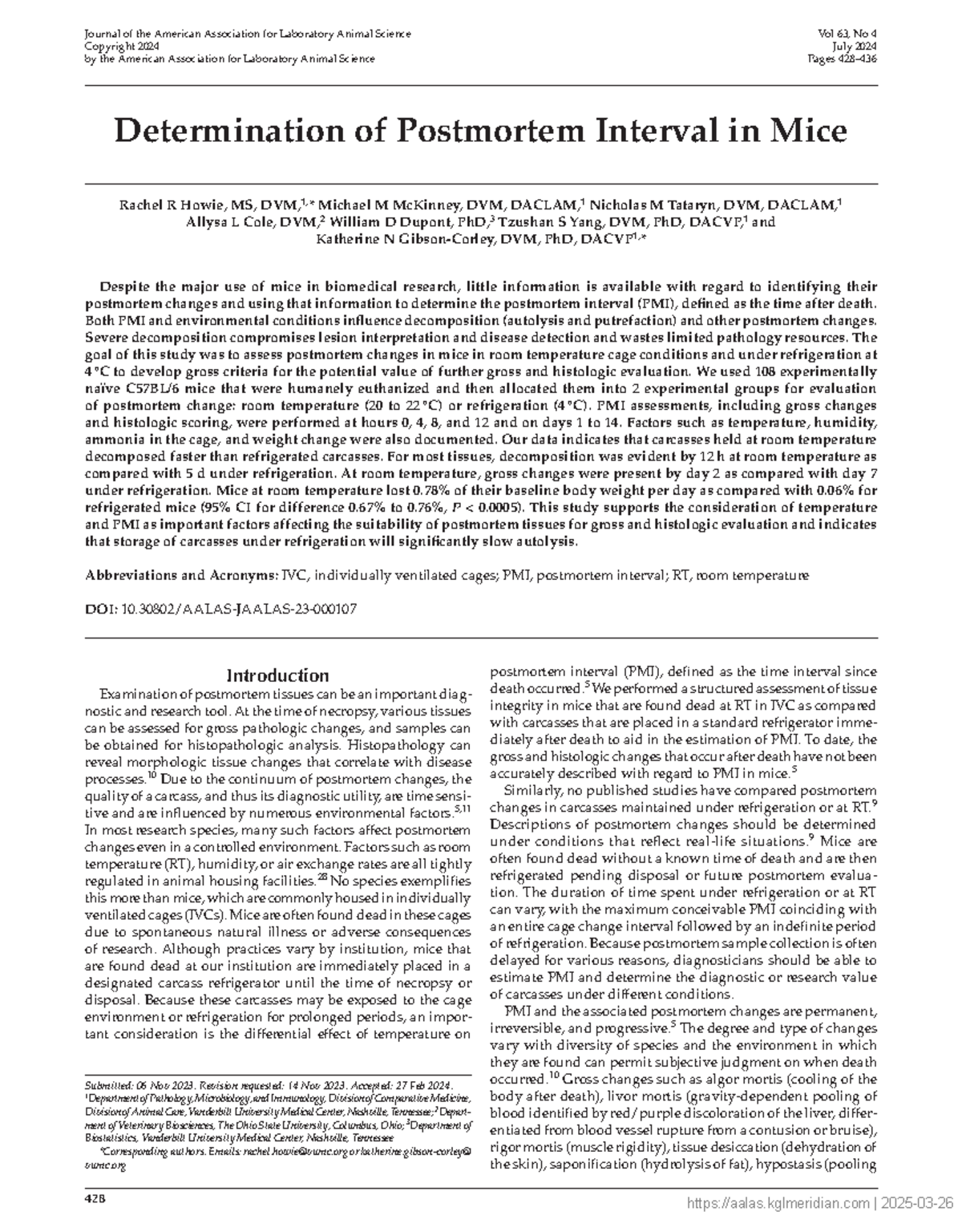 **PMI Assessment in Mice: Effects of Temperature on Decomposition (424 ...