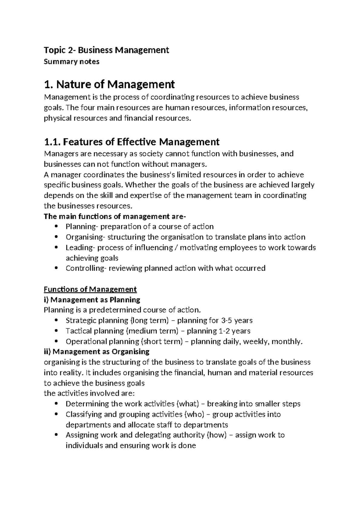 Business Management Summary Notes: Nature of Management - Studocu
