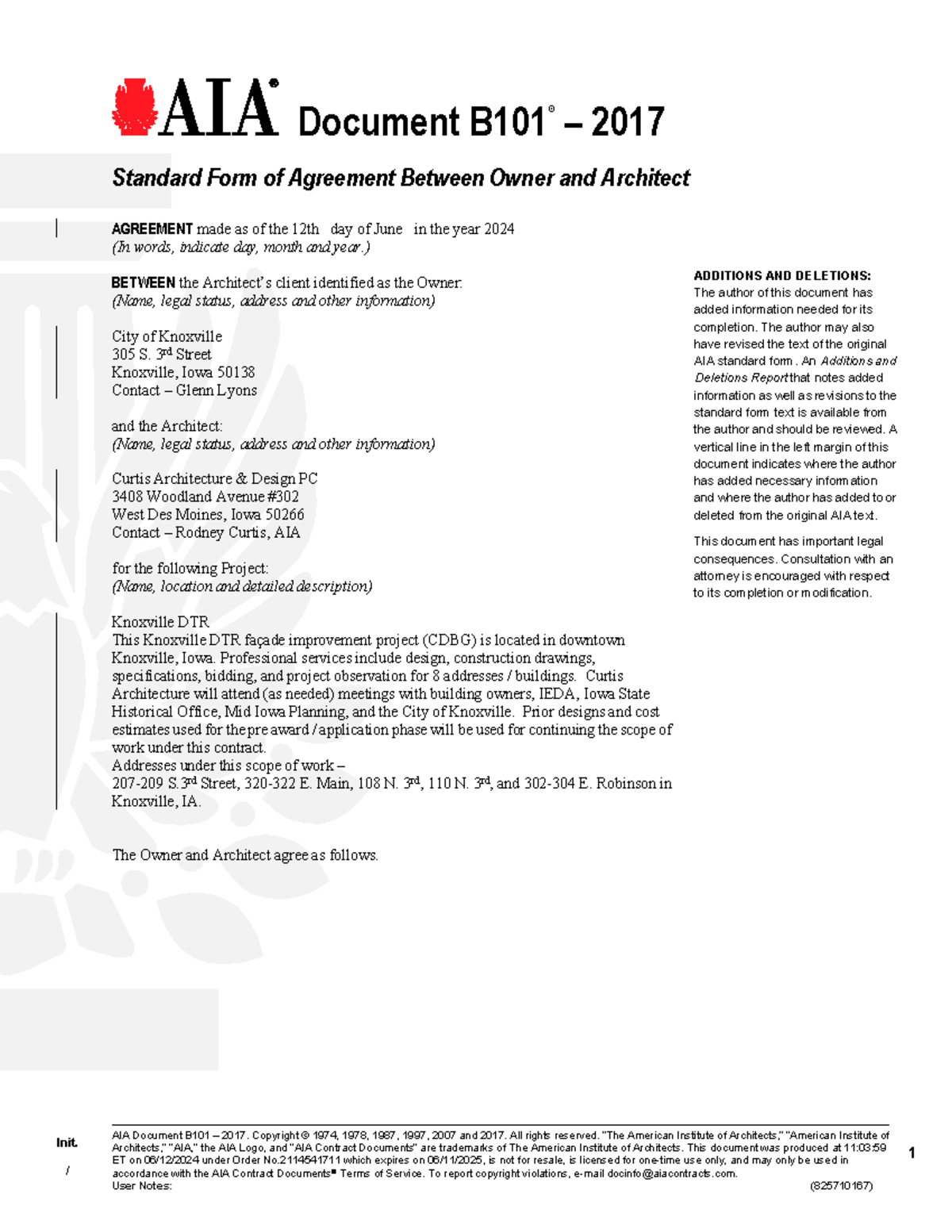 AIA B101-2017 Agreement Between Owner and Architect for Knoxville ...
