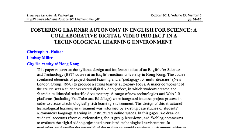 Fostering Learner Autonomy IN English FOR Science A - Language Learning ...