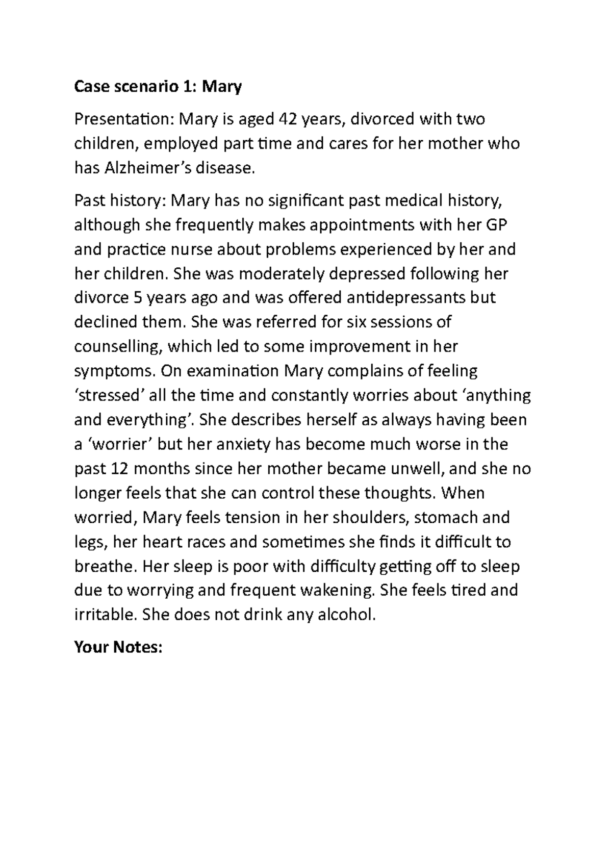 Anxiety Case Studies: Scenarios of Four Patients with GAD - Studocu