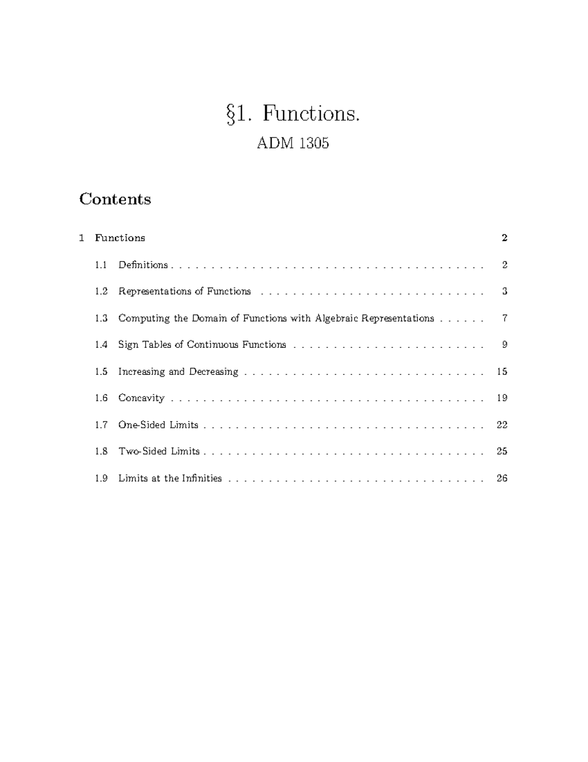 Calculus ADM 1305 Chapter 01: Functions Overview and Key Concepts - Studocu