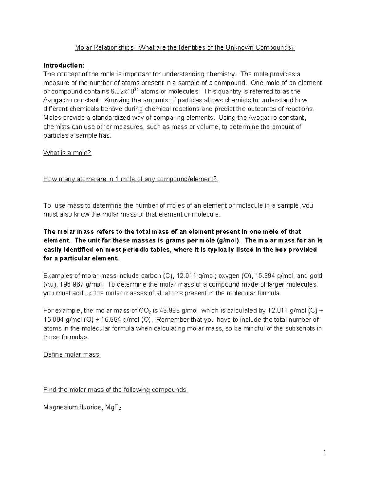 Molar Relationships: Understanding Unknown Compounds and Molar Mass ...