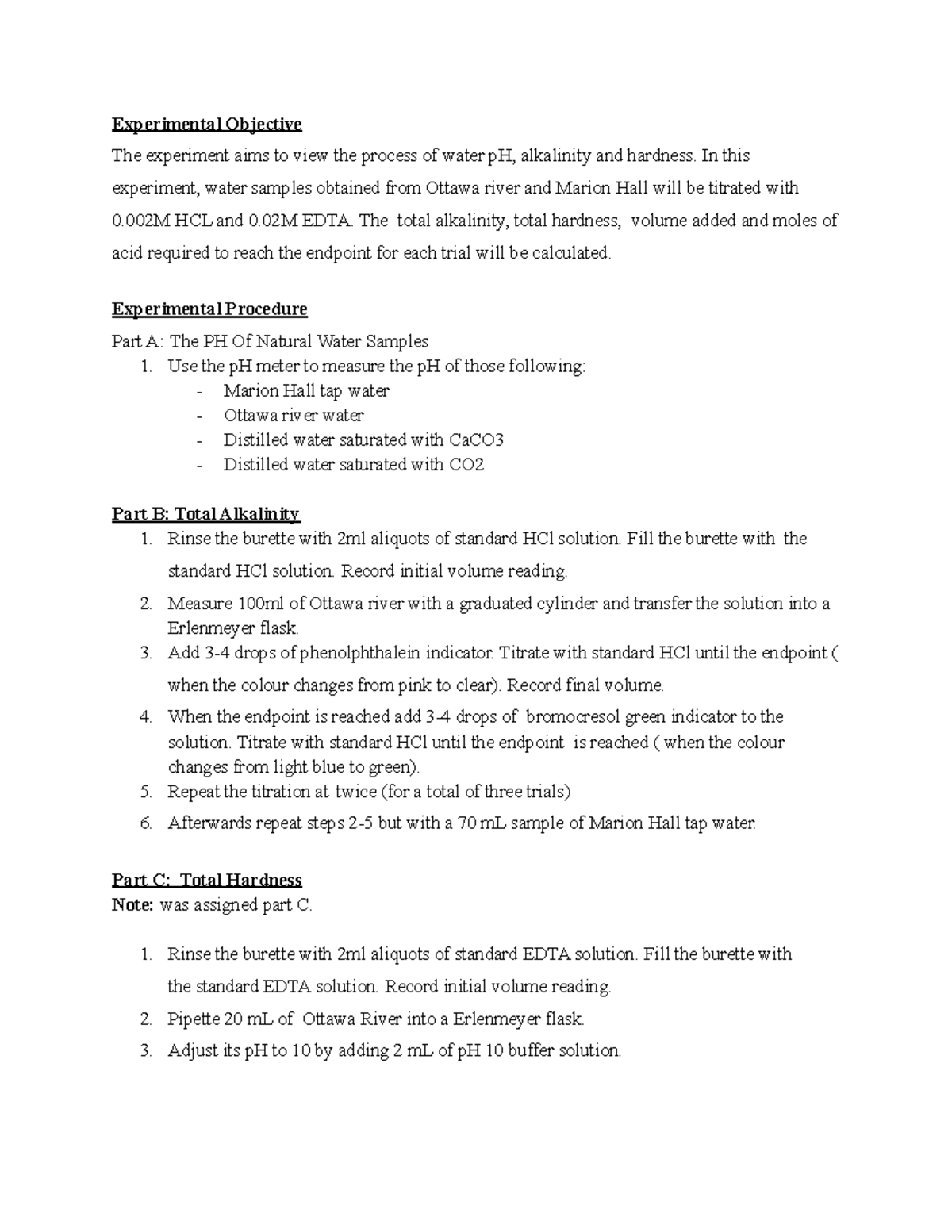 Chm 2313 Lab Report: Water pH, Alkalinity, and Hardness Experiments ...