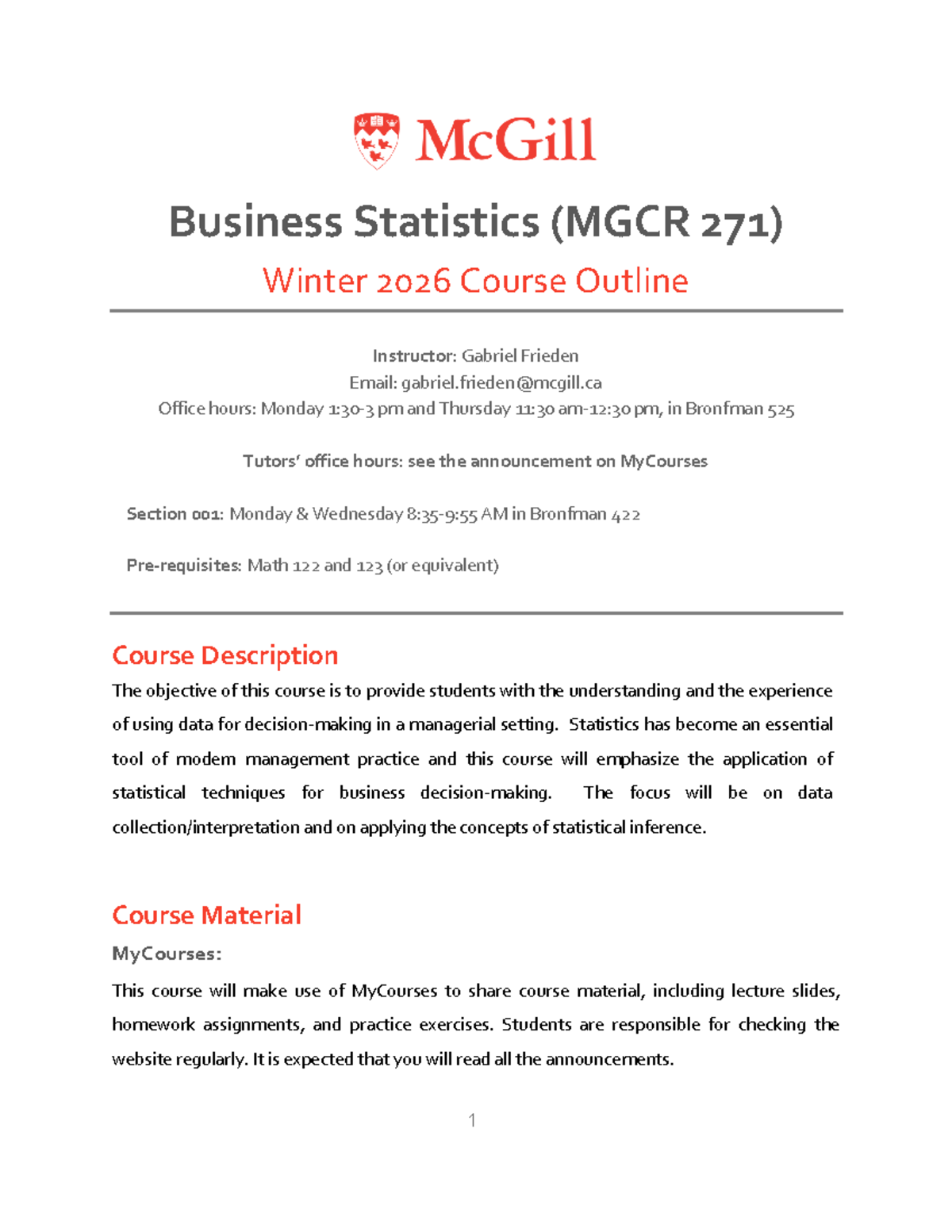 Business Statistics (MGCR 271) Winter 2026 Course Outline - Studocu