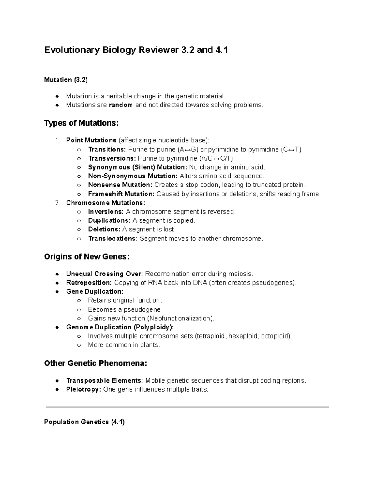Evolutionary Biology Review: Mutation & Population Genetics (3.2 & 4.1 ...