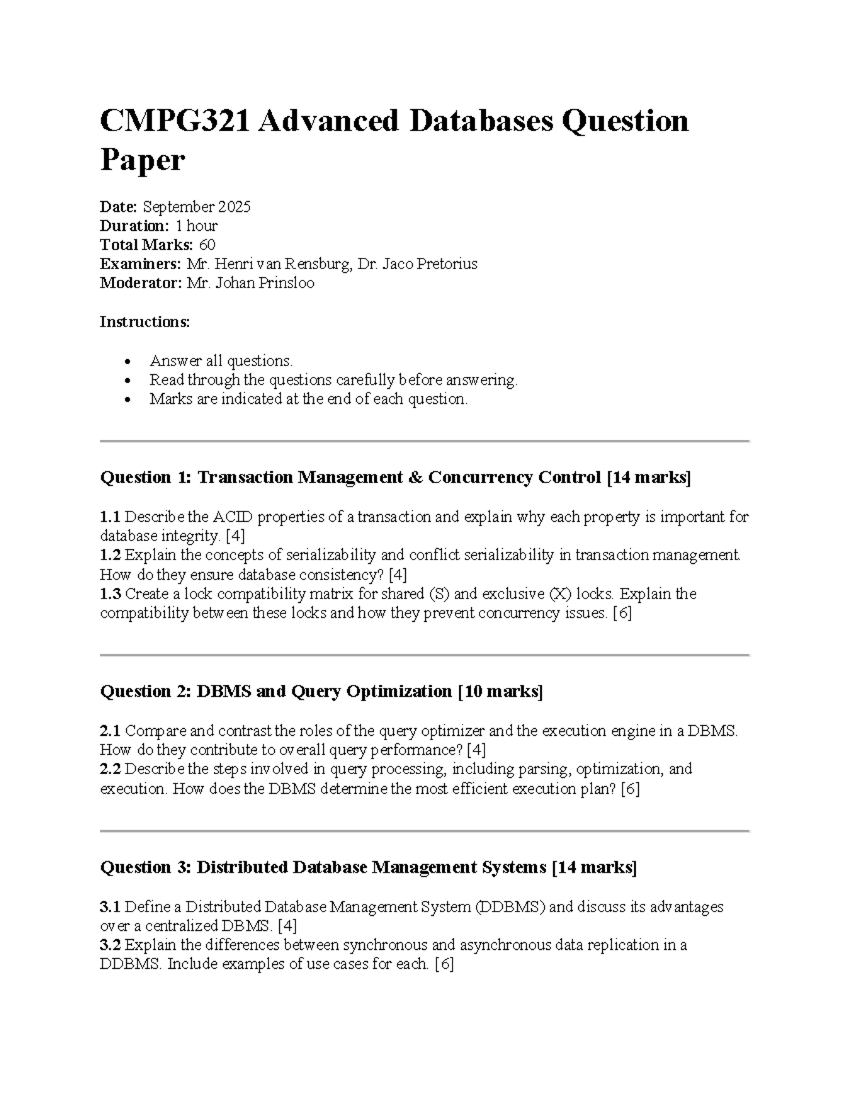 CMPG321 Advanced Databases Semester Test Questions & Answers 2025 - Studocu