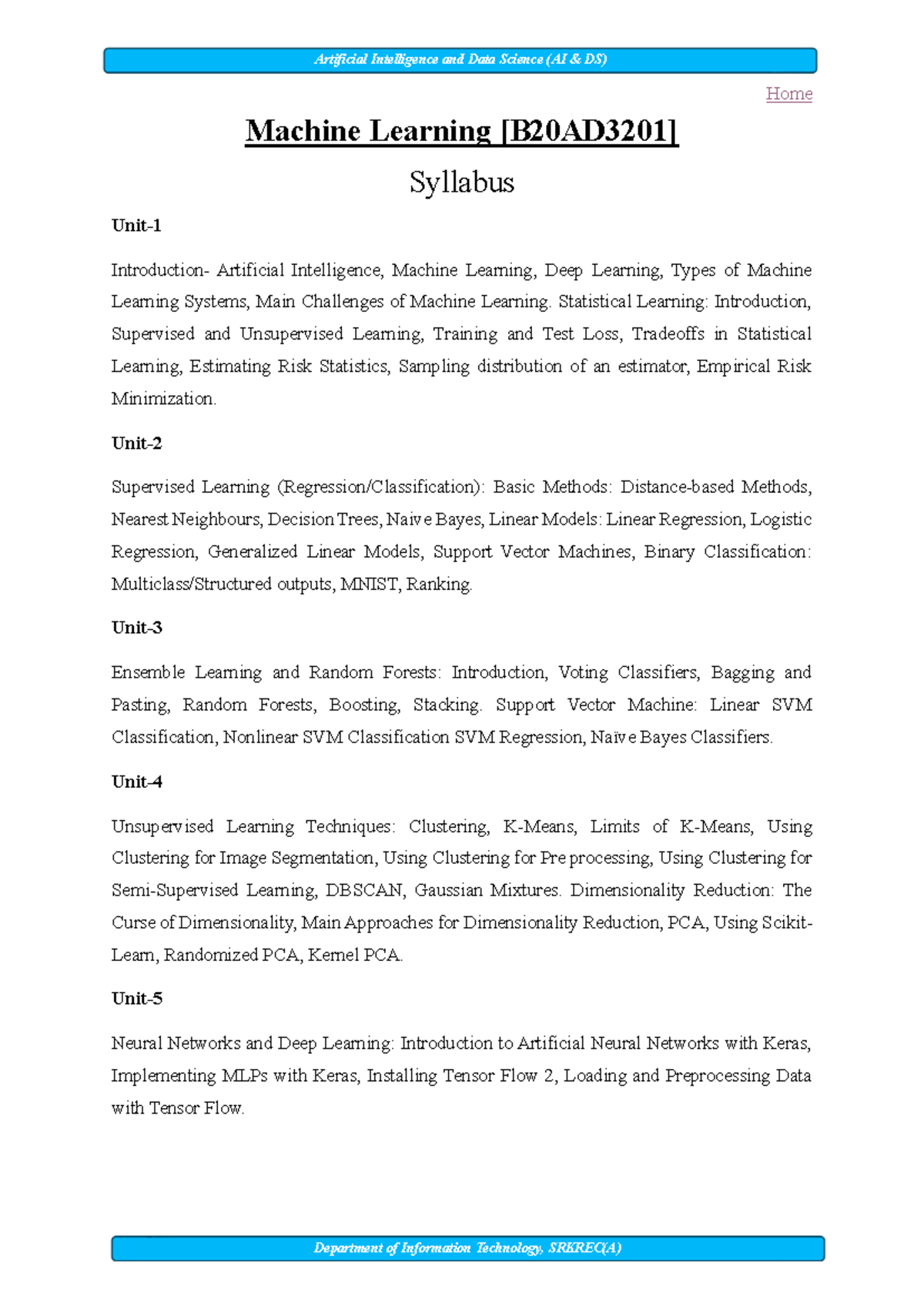 ML unit1 - machine learning notes - Home Machine Learning [B20AD3201 ...