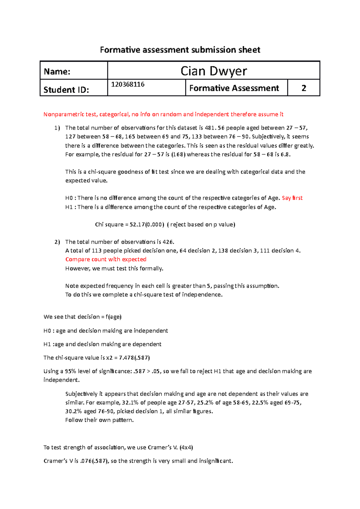 Formative Assessment 2: Nonparametric Tests & Chi-Square Analysis - Studocu