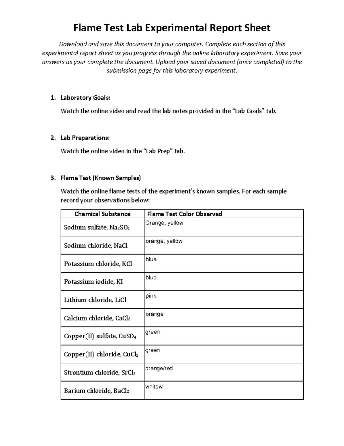 CHEM 101 Flame Test Lab Report - Observations and Analysis - Studocu