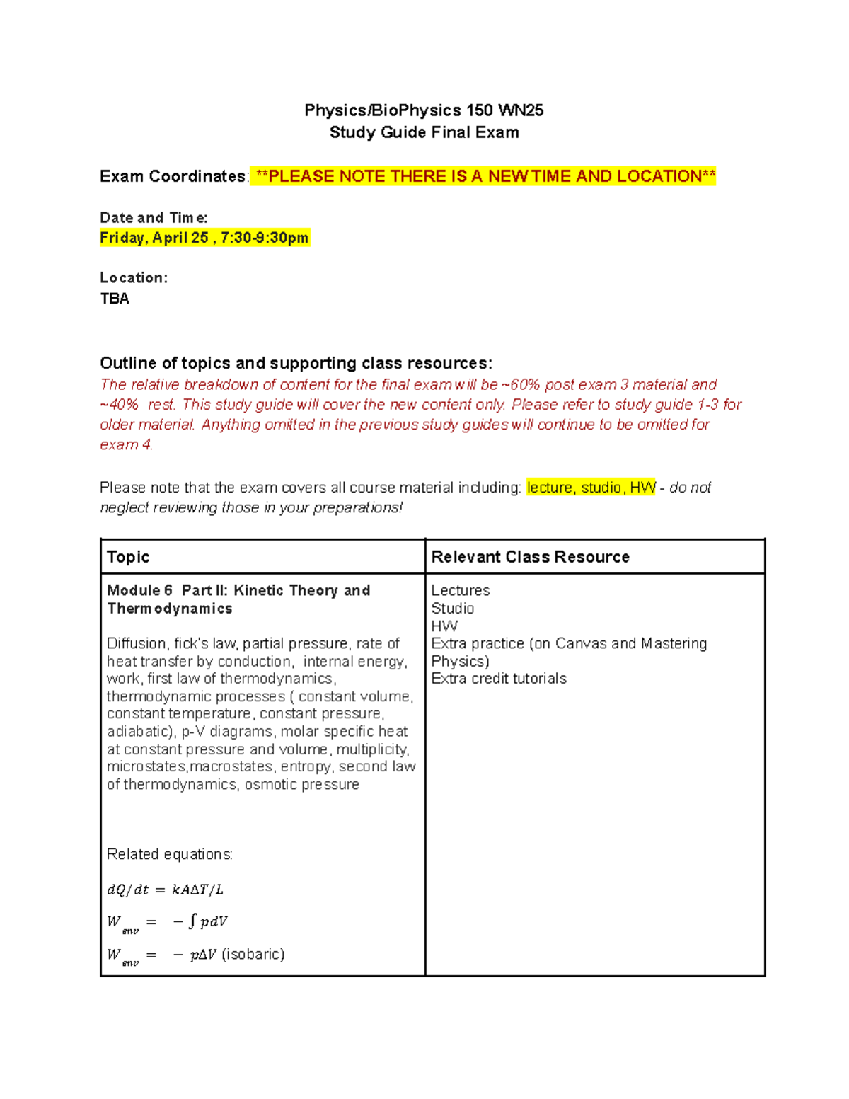 Physics/BioPhysics 150 WN Final Exam Study Guide April 2025 - Studocu