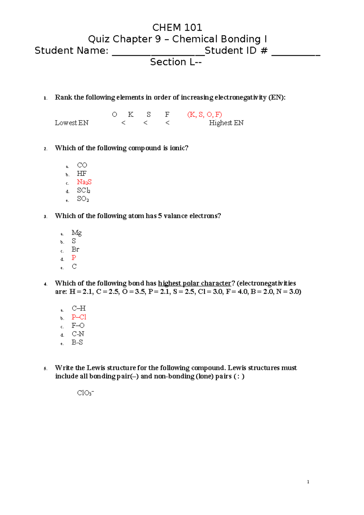 ASAS-Q9 Chemical Bonding 1 Master Answers - CHEM 101 Quiz Chapter 9 ...