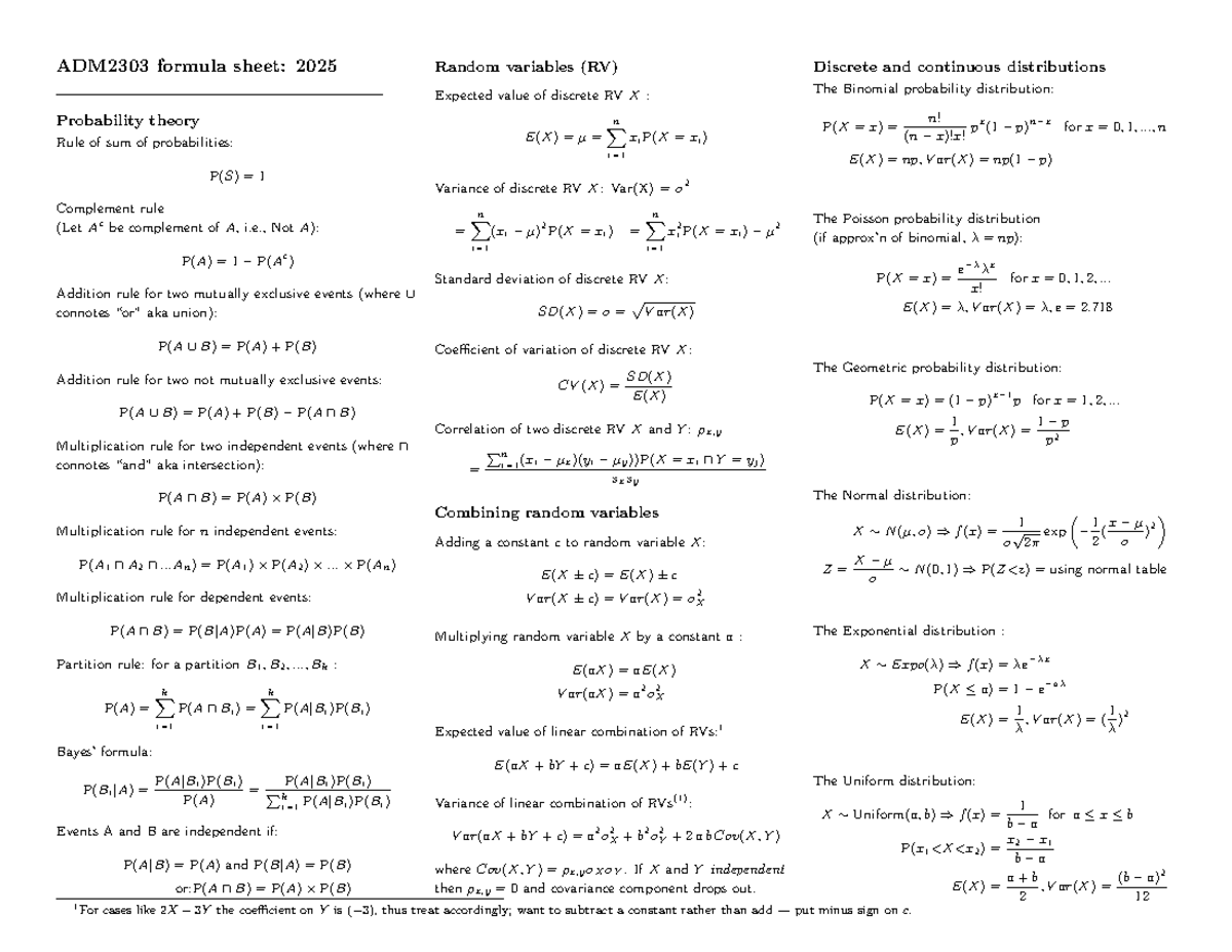 ADM2303 Formula Sheet: Random Variables & Distributions - Studocu