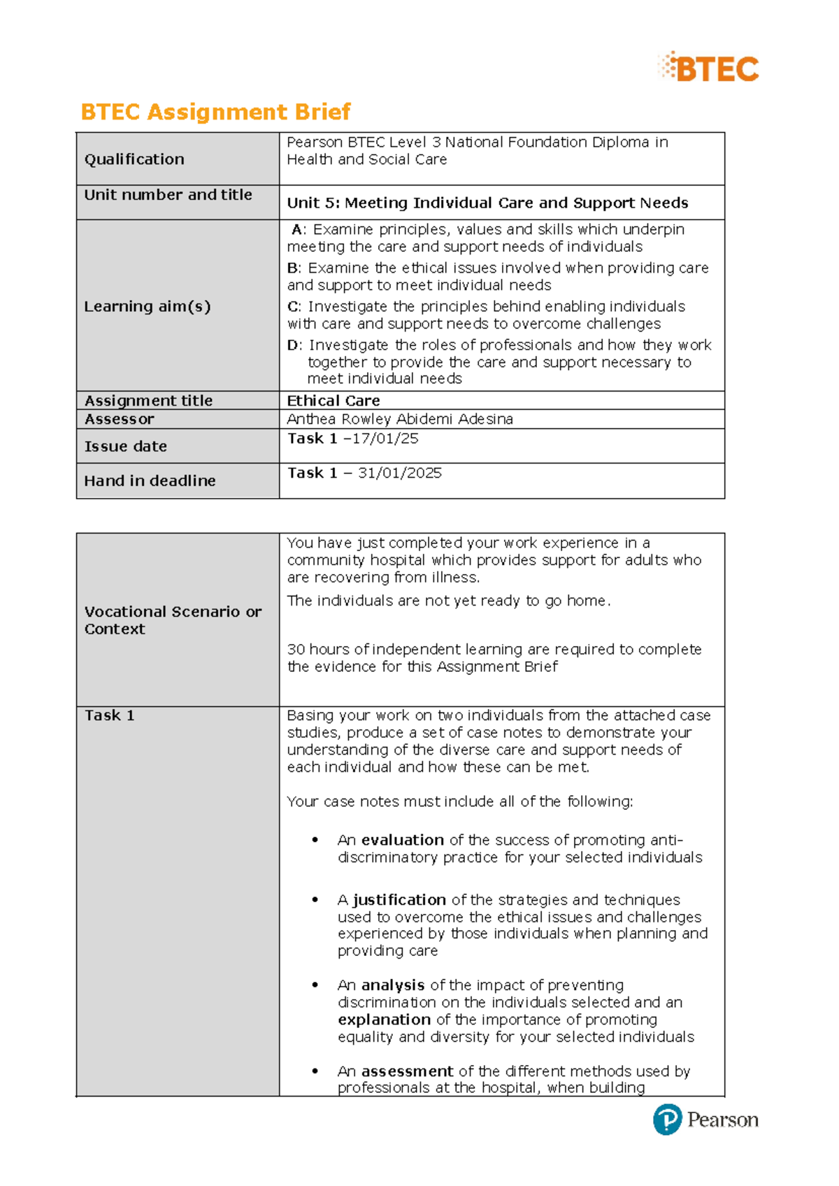 Unit 5 Assignment Brief: Ethical Care and Support Needs Analysis - Studocu