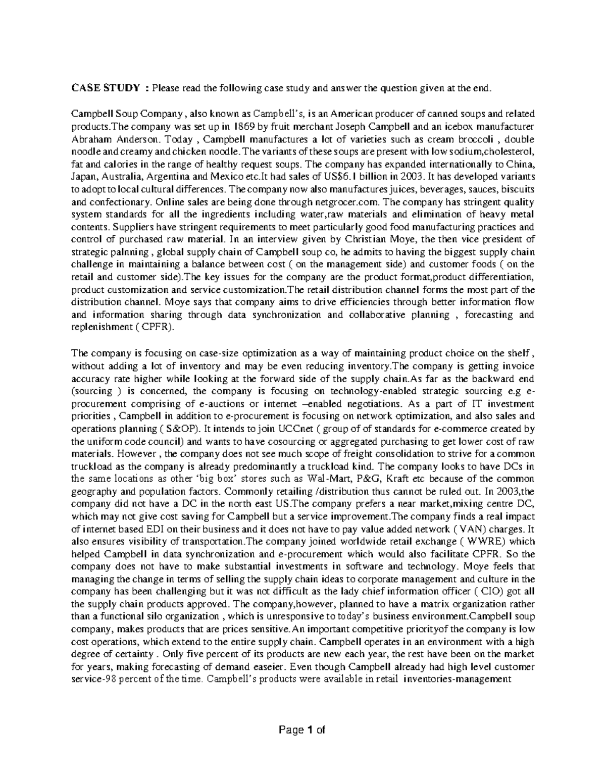 SCM- Assignment - Campbell Soup Company Case Study Analysis - Studocu