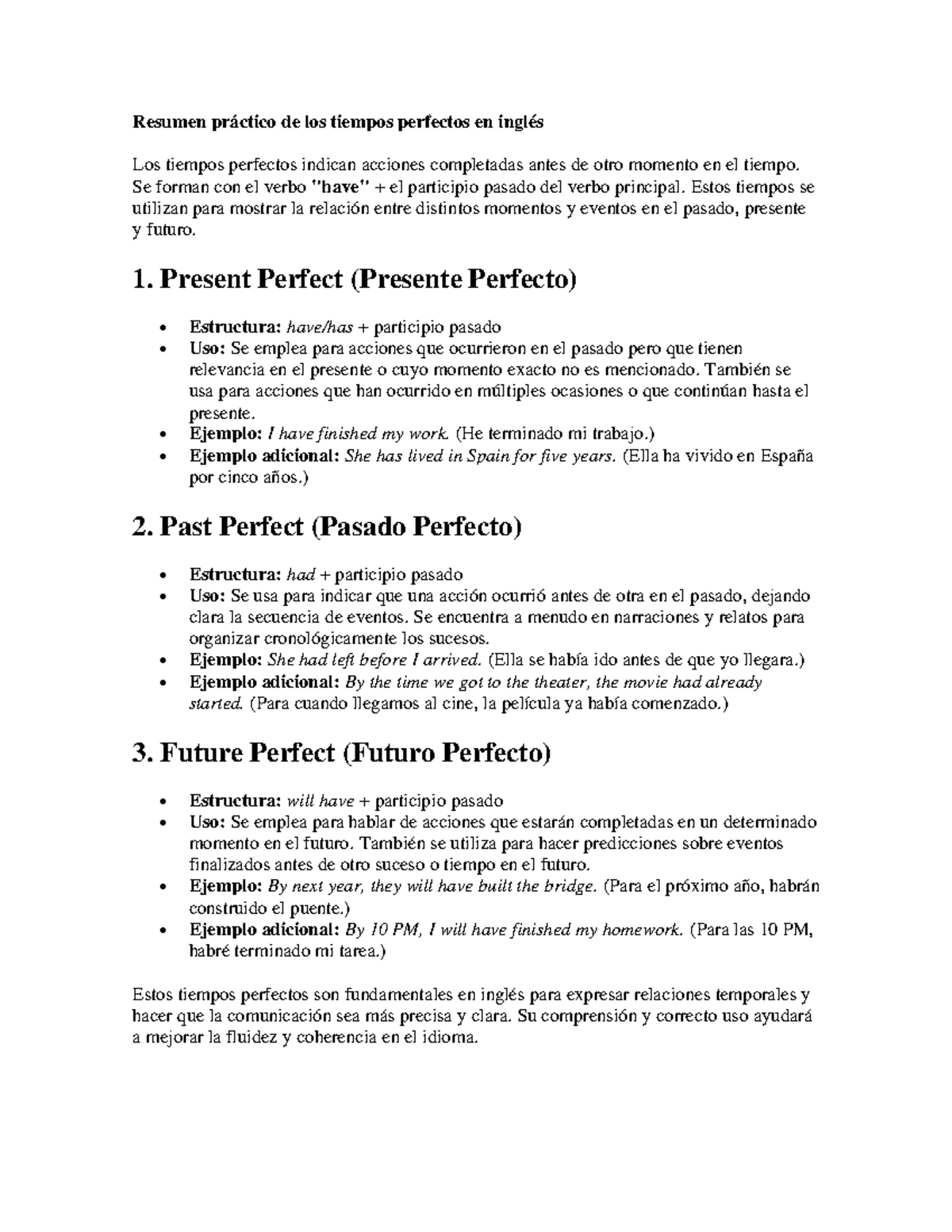 Resumen práctico de los tiempos perfectos en inglés - Resumen práctico ...