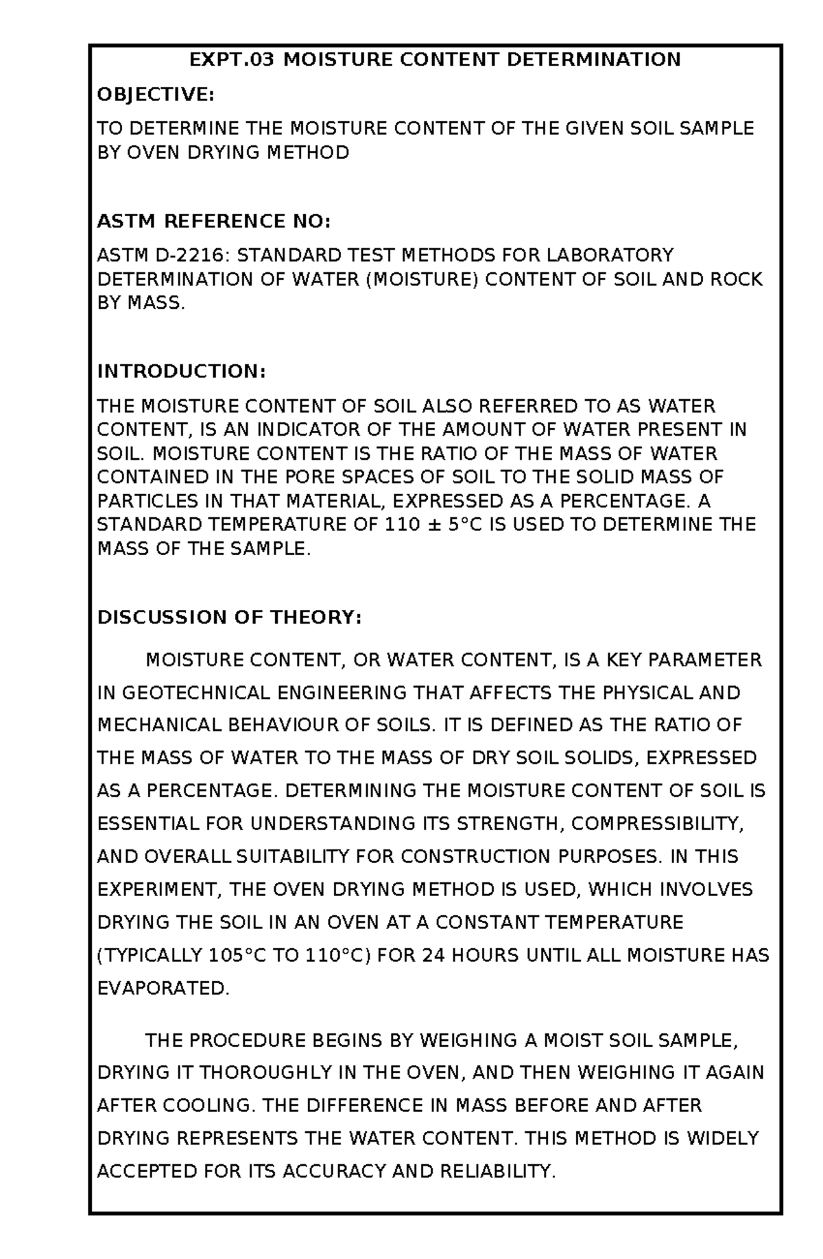 EXPT.03 MOISTURE CONTENT DETERMINATION USING OVEN DRYING METHOD - Studocu