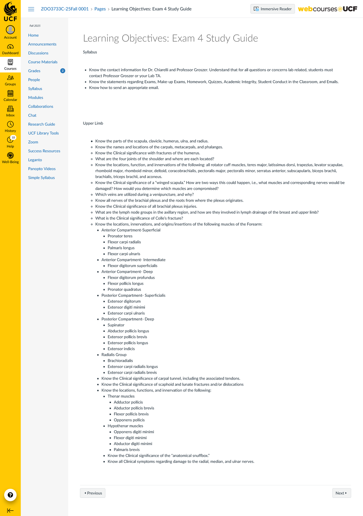 ZOO3733C-25 Fall Exam 4 Study Guide: Upper Limb Anatomy Insights - Studocu