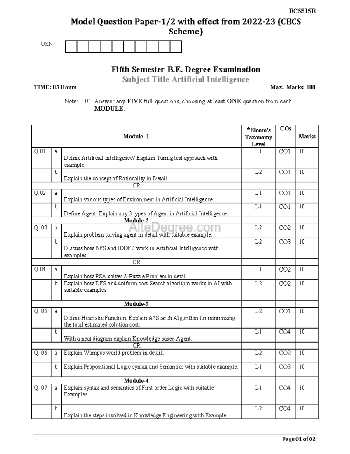 BCS515B Model Question Paper for AI - 5th Sem B.E. Exam - Studocu