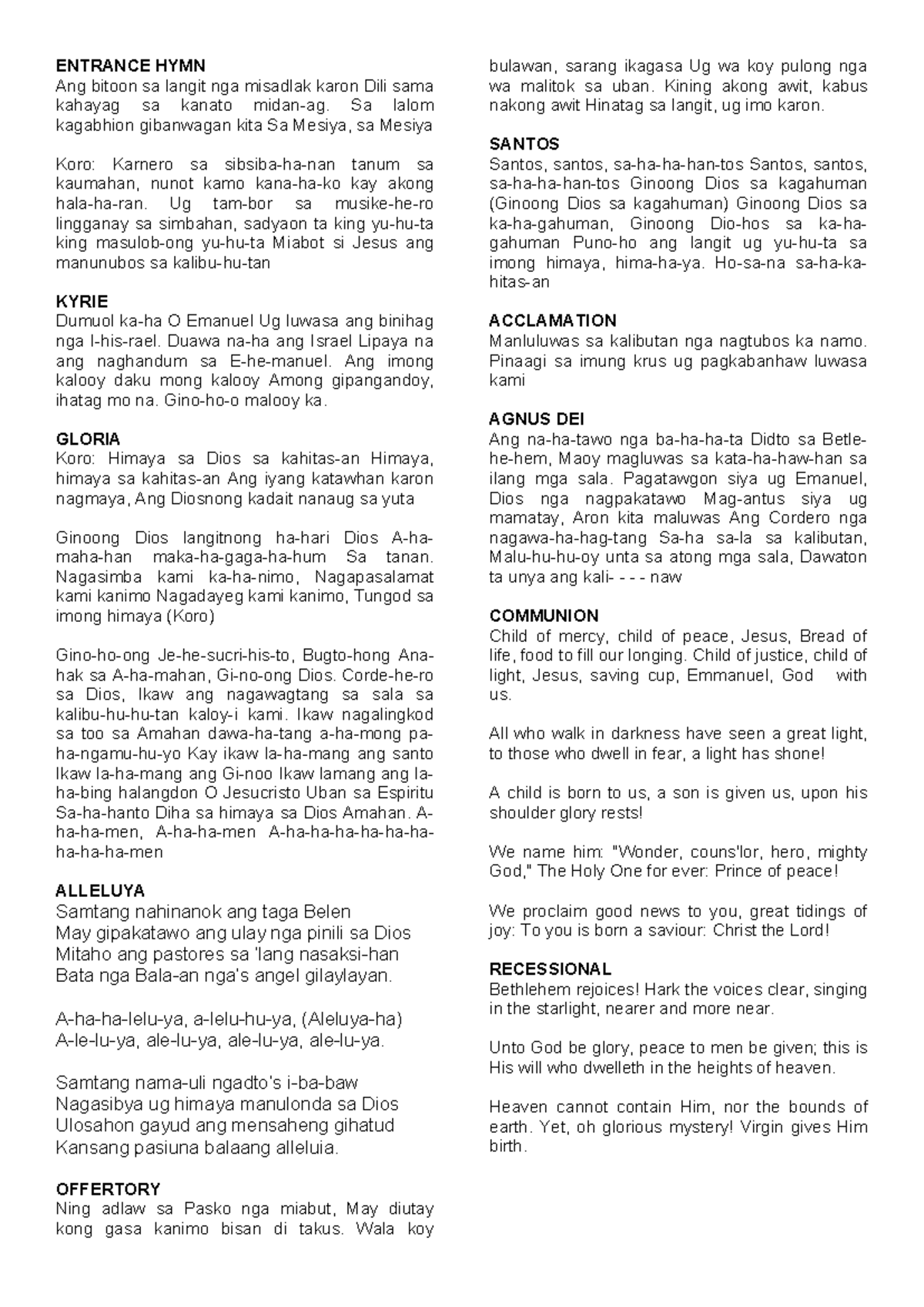 Aguinaldo Mass Songs - Choir Song Guide for Liturgical Celebrations ...