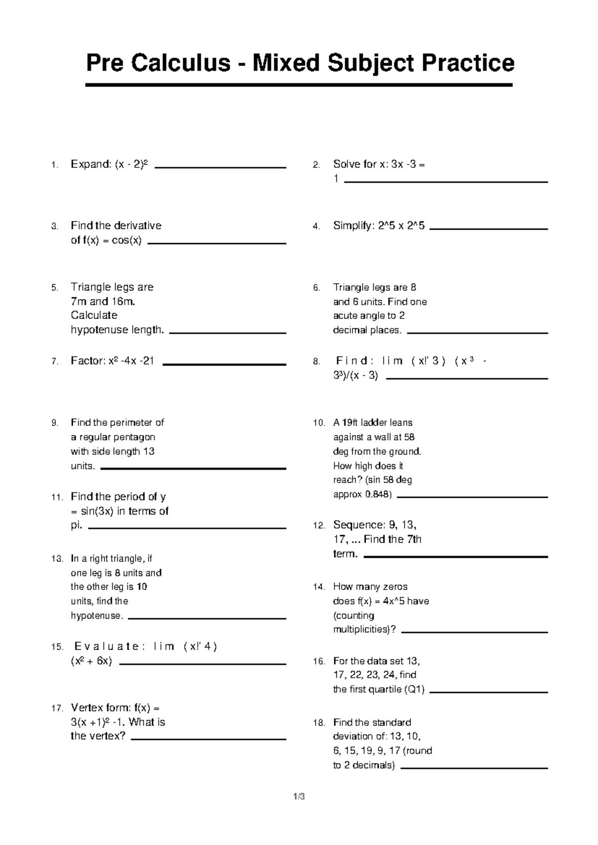 Pre Calculus - Mixed Subject Practice 1: Exercises & Solutions - Studocu