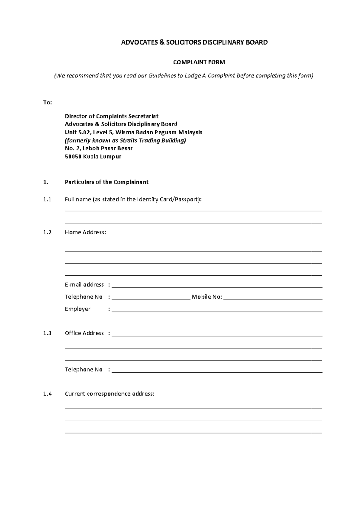 Advocates Solicitors Disciplinary Board Complaint Form - Studocu