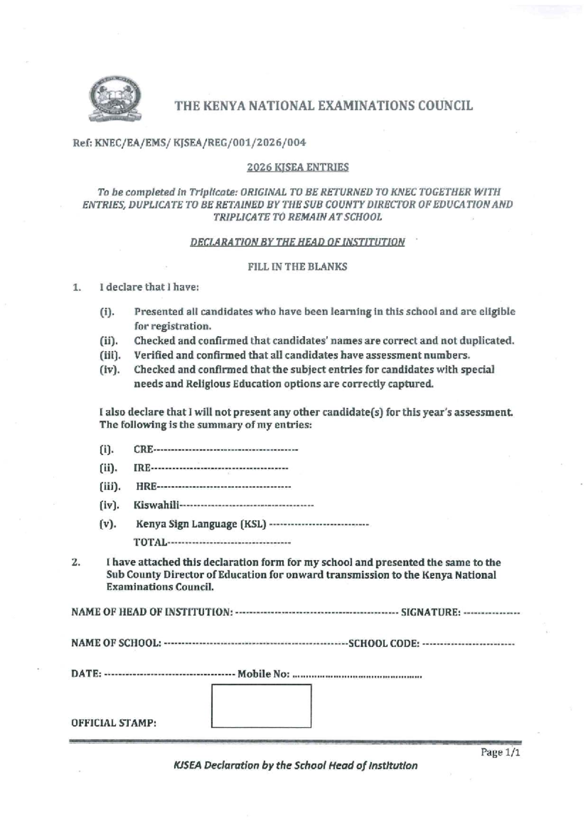 KJSEA Declaration Form for School Head Submission - Studocu