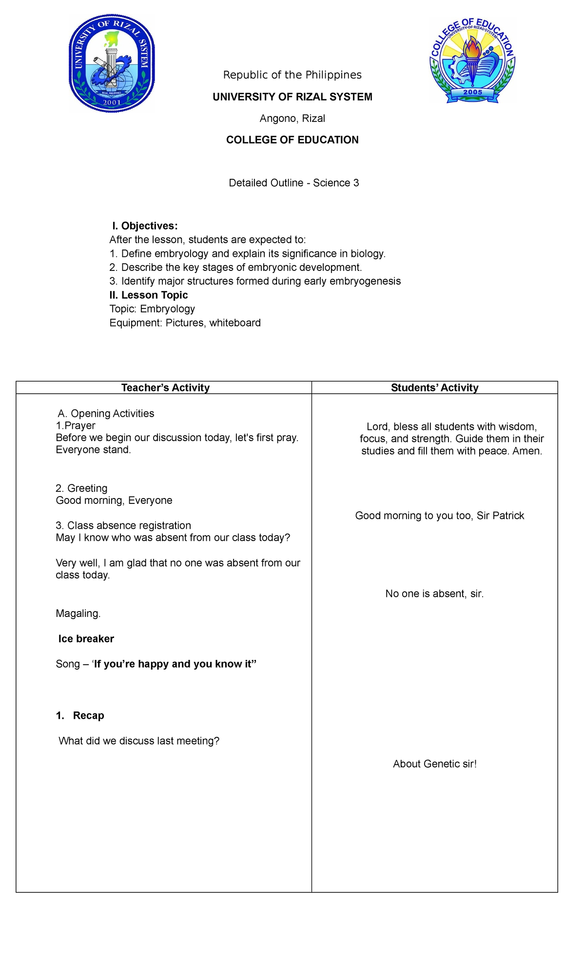 Science 3 Lesson Plan: Exploring Embryology Concepts - Studocu