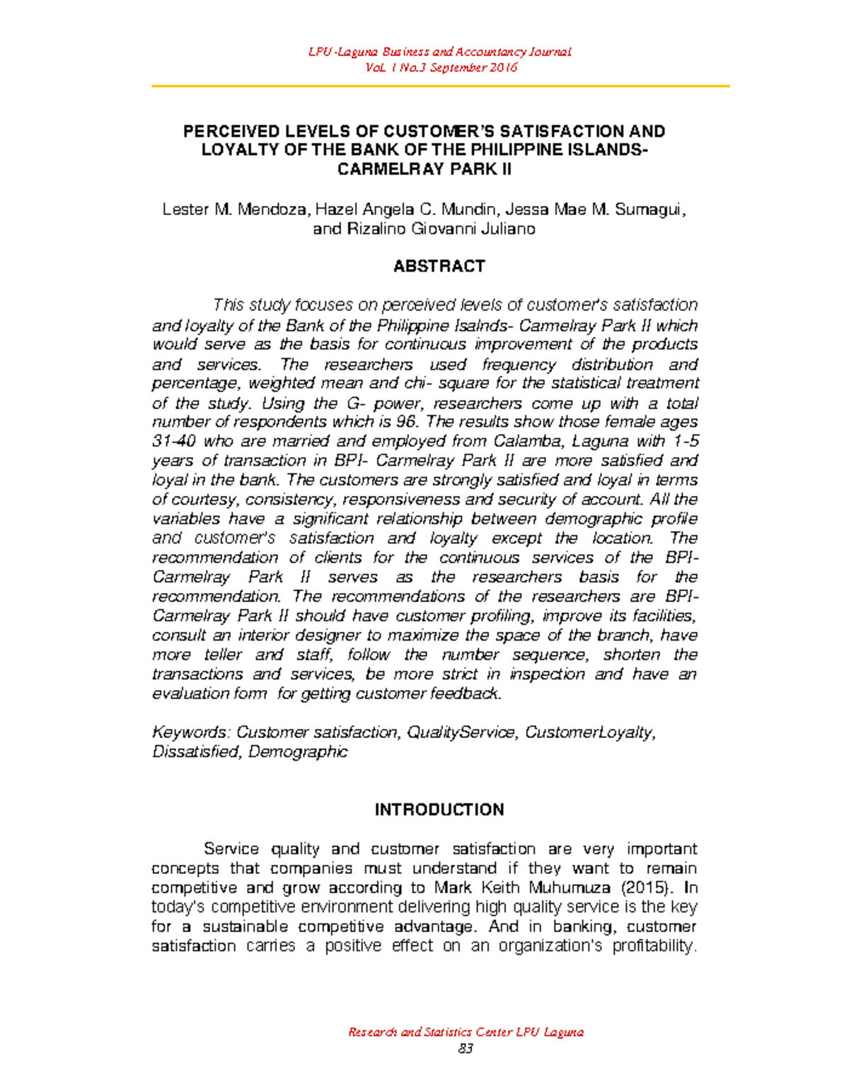 Perceived Customer Satisfaction & Loyalty at BPI Carmelray Park II ...