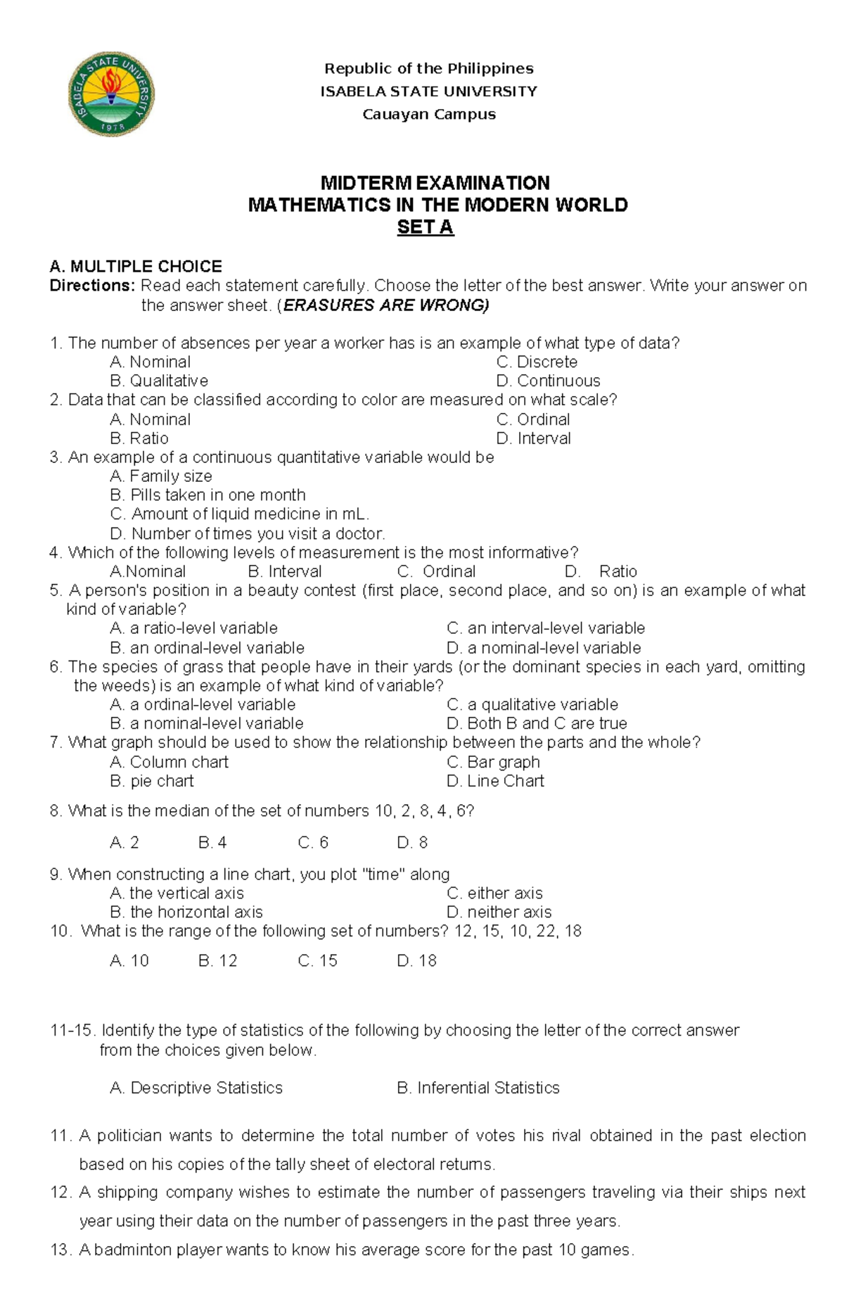 MMW Midterm Exam Mathematics in the Modern World - Set A & B - Studocu