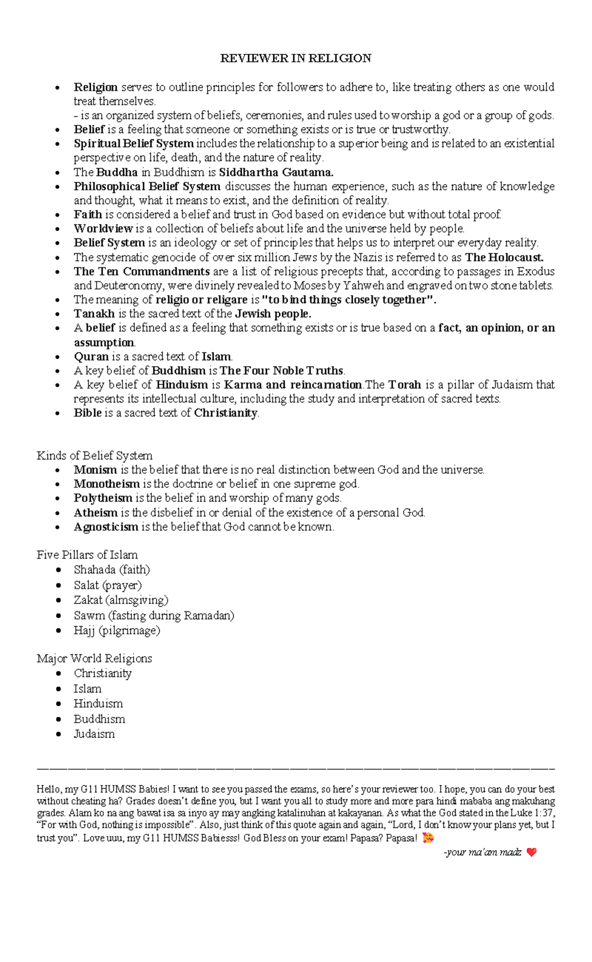 G11 HUMSS Religion Reviewer: Key Concepts and Beliefs - Studocu