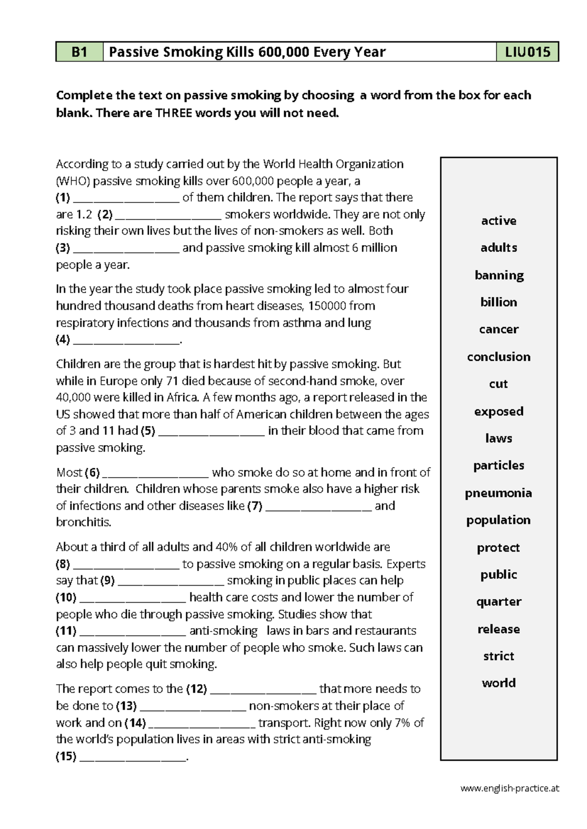 Passive smoking - reading - english-practice B1 Passive Smoking Kills ...