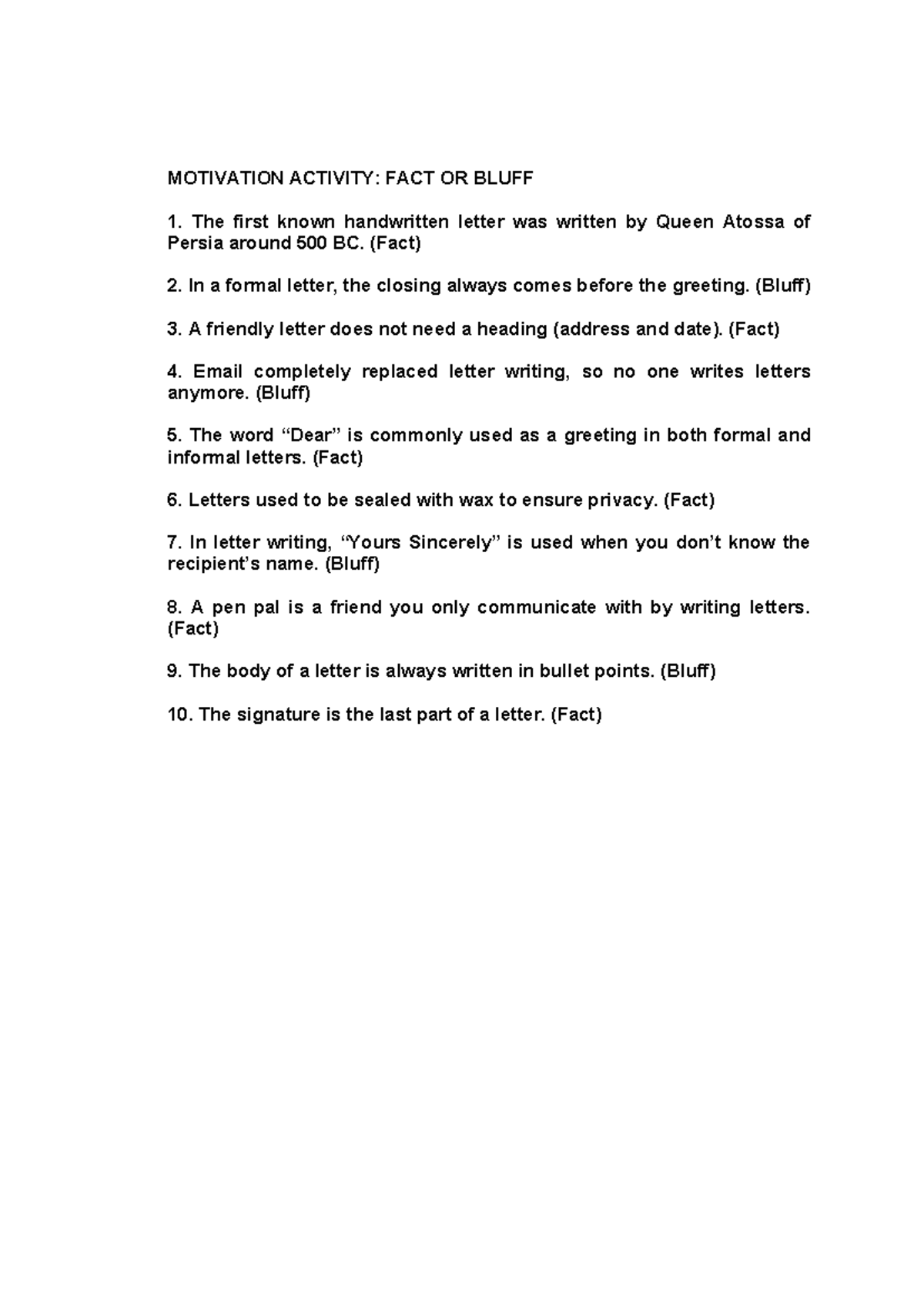 Letter Writing: Fact or Bluff Activity - LECTURE G7 - Studocu