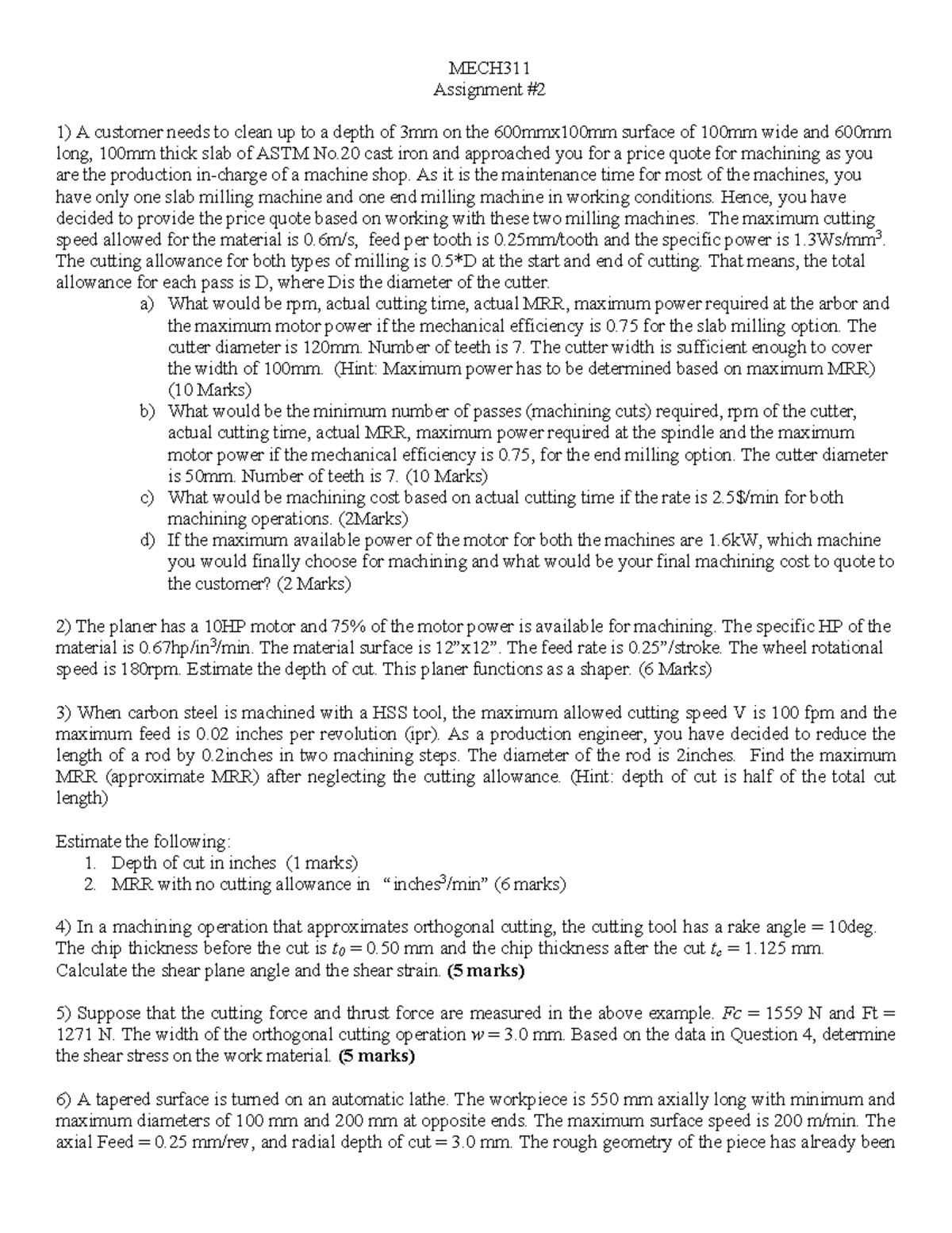 MECH311 Assignment 1: Machining Cost Analysis and Calculations - Studocu