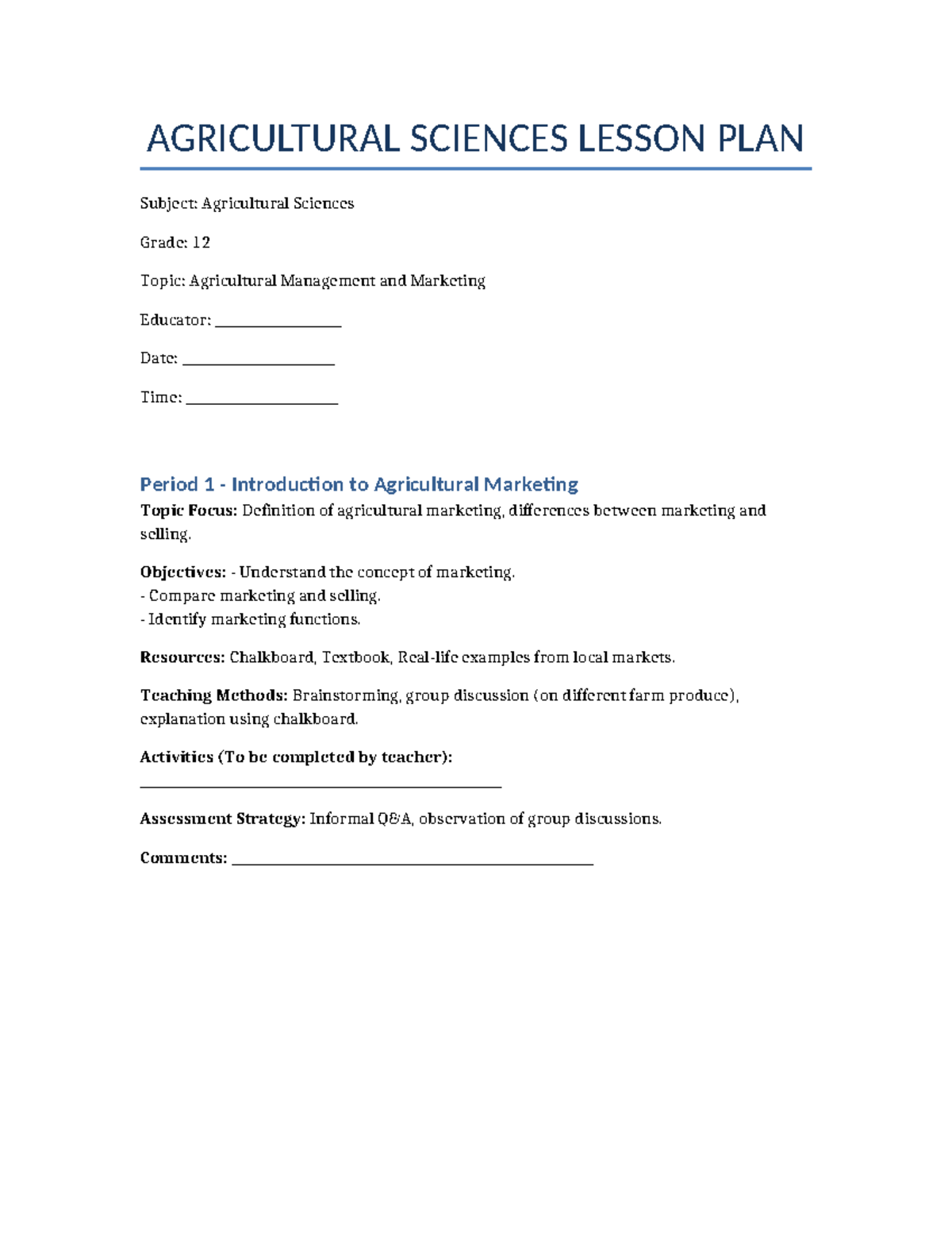 Lesson 1 Period 1 Introduction to Agricultural Marketing - AGRICULTURAL ...