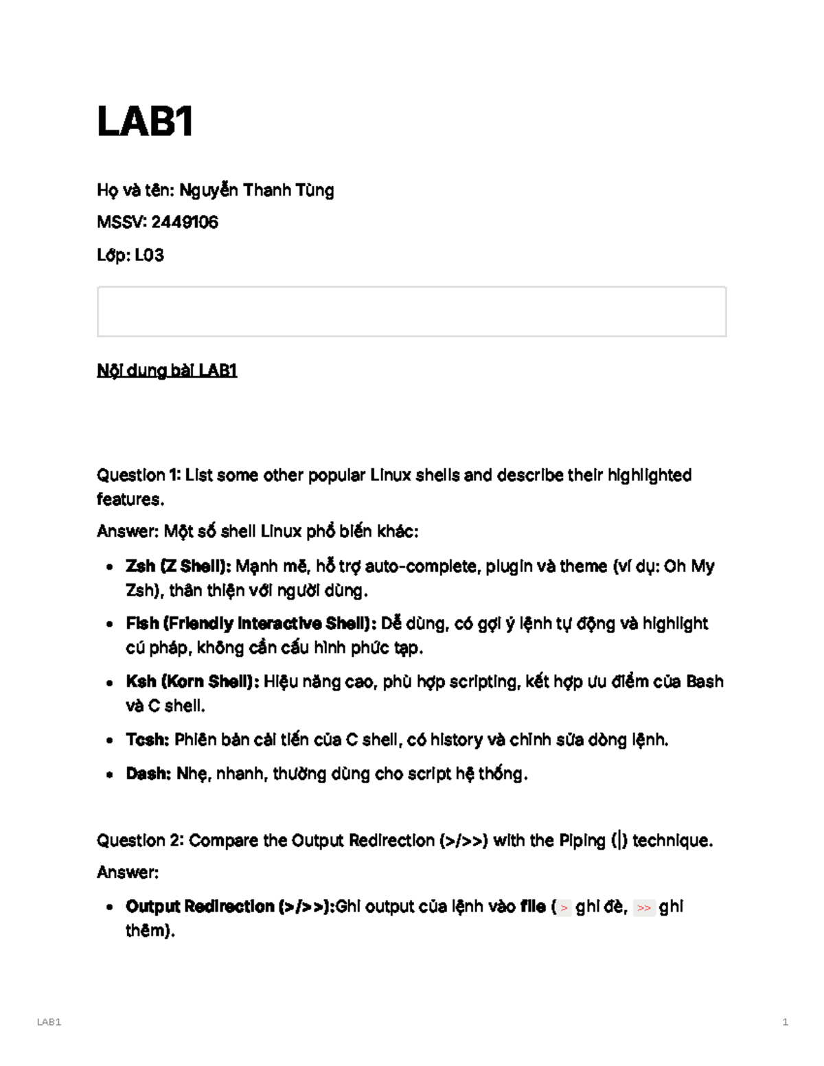 LAB1: Popular Linux Shells and Command Comparisons by Nguyen Thanh Tung ...