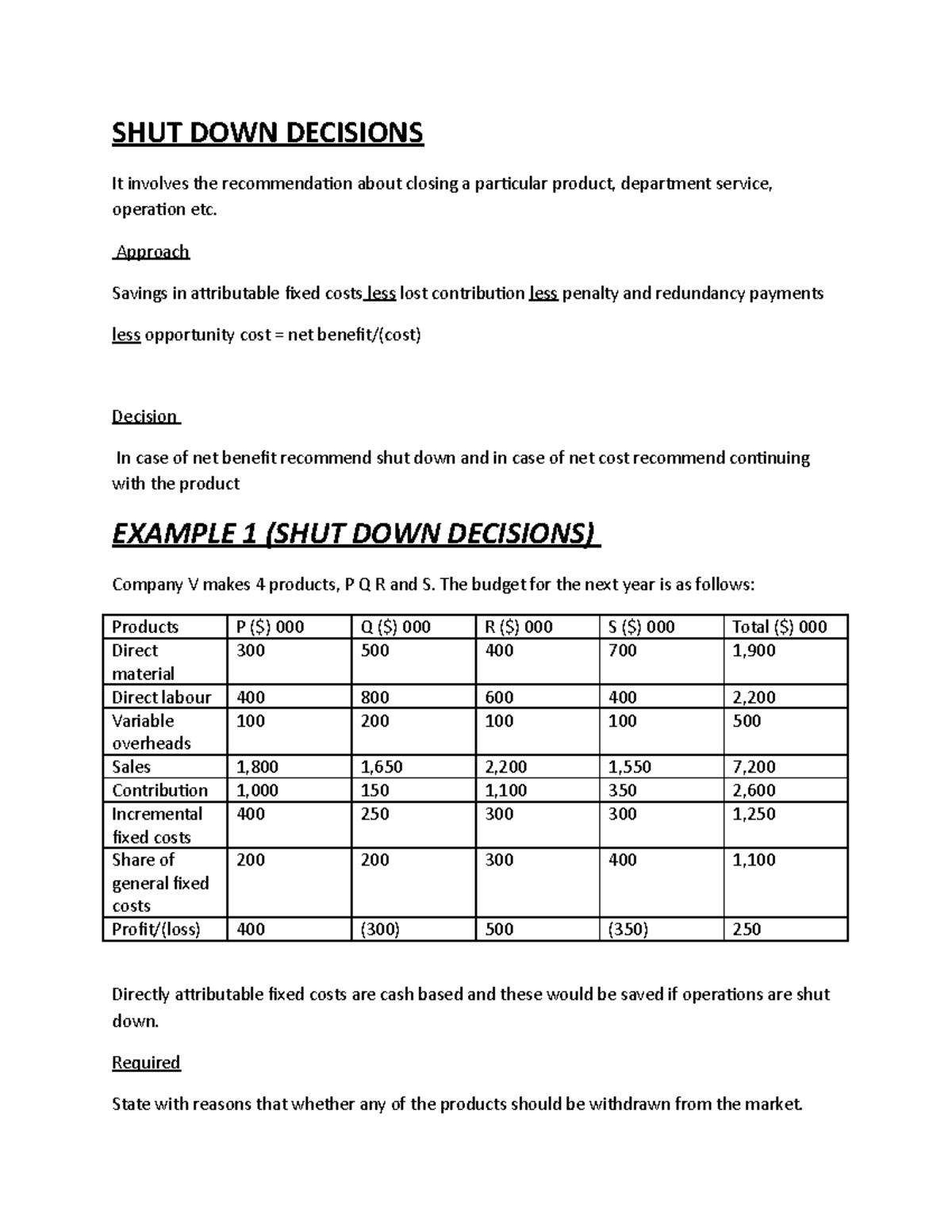 SHUT DOWN Decisions - ACCA Notes and Examples for Analysis - Studocu